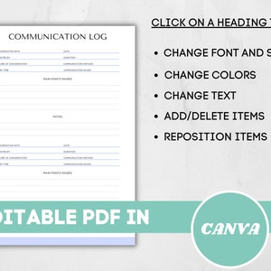 Printable Communication Log, Editable Conversation Record, Call Log ...