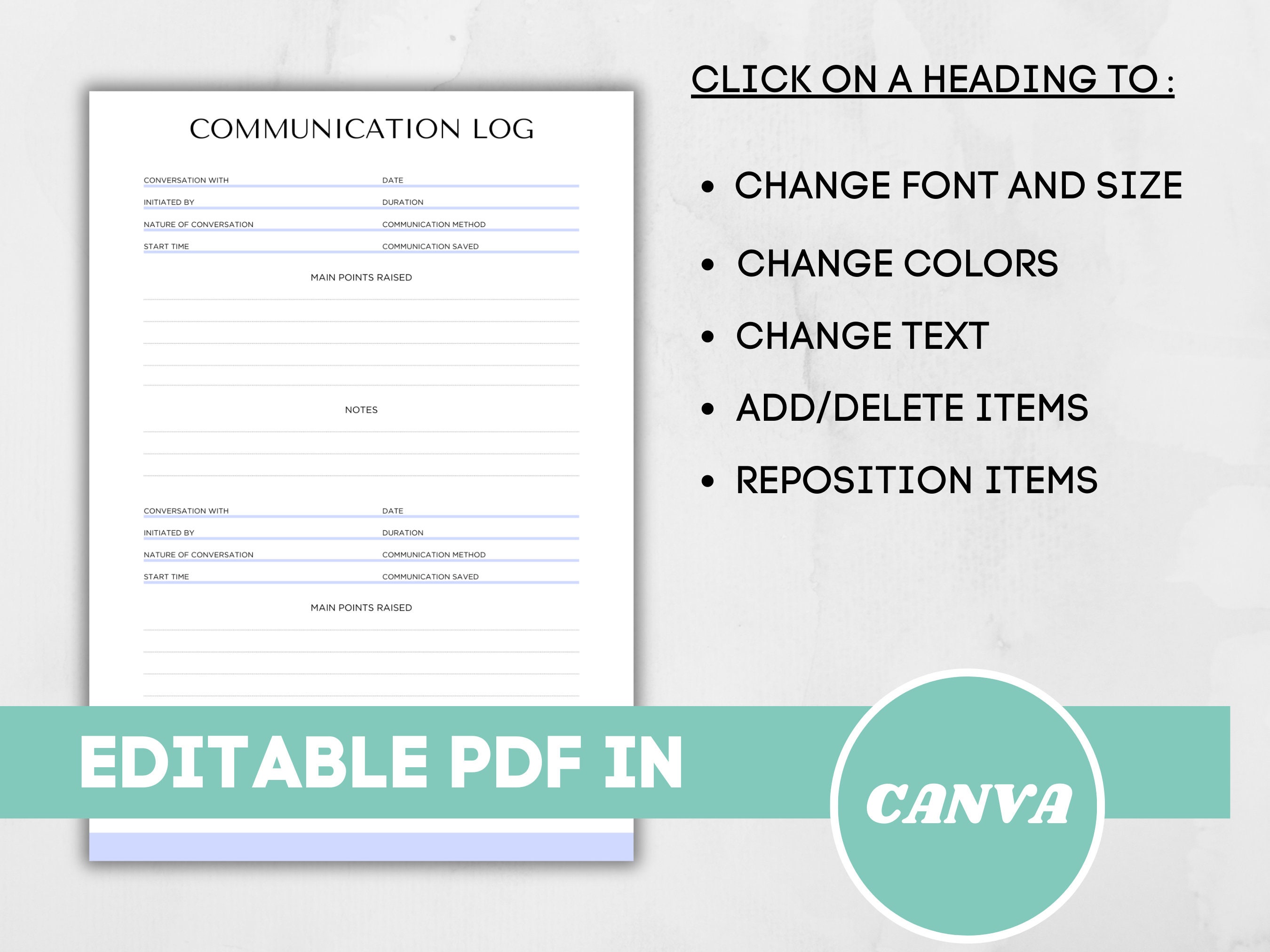Printable Communication Log, Editable Conversation Record, Call Log ...