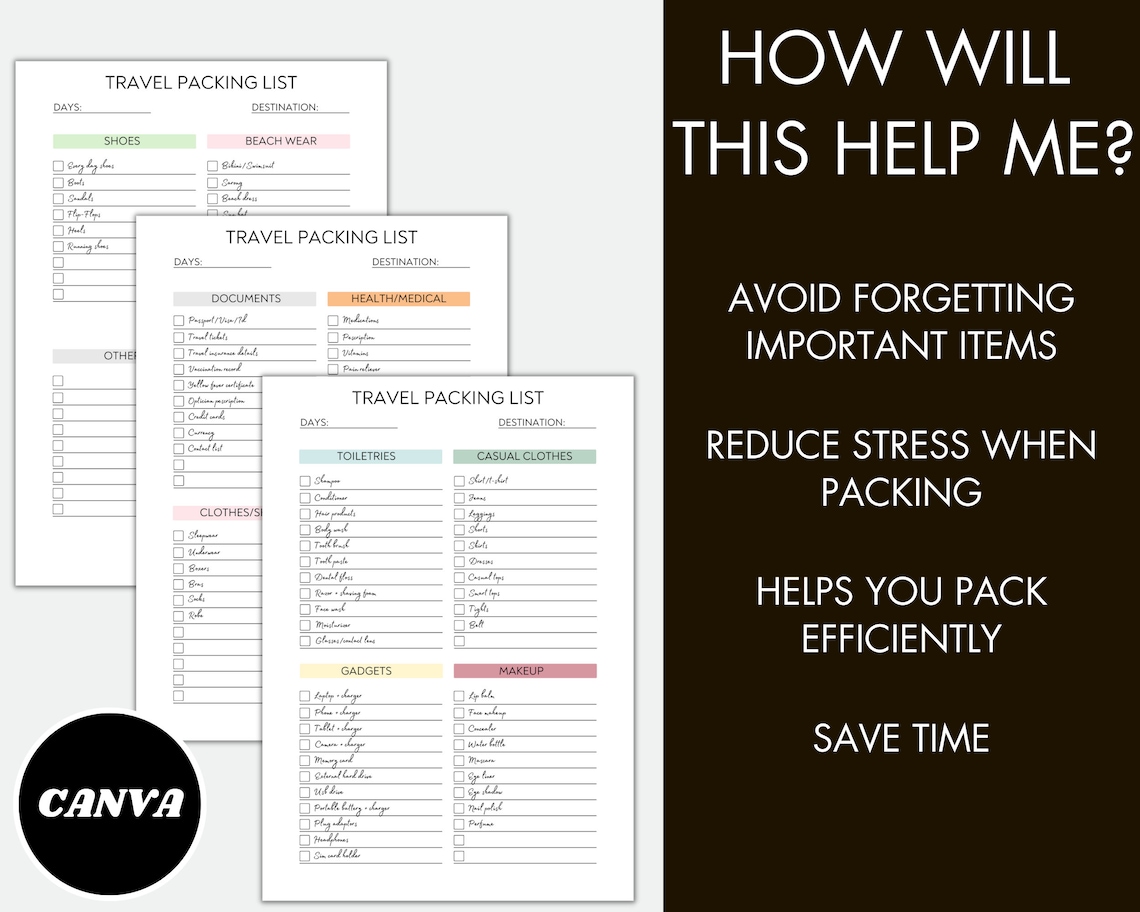 Packing List, EDITABLE, PRINTABLE, Packing List Template, Packing Lists ...