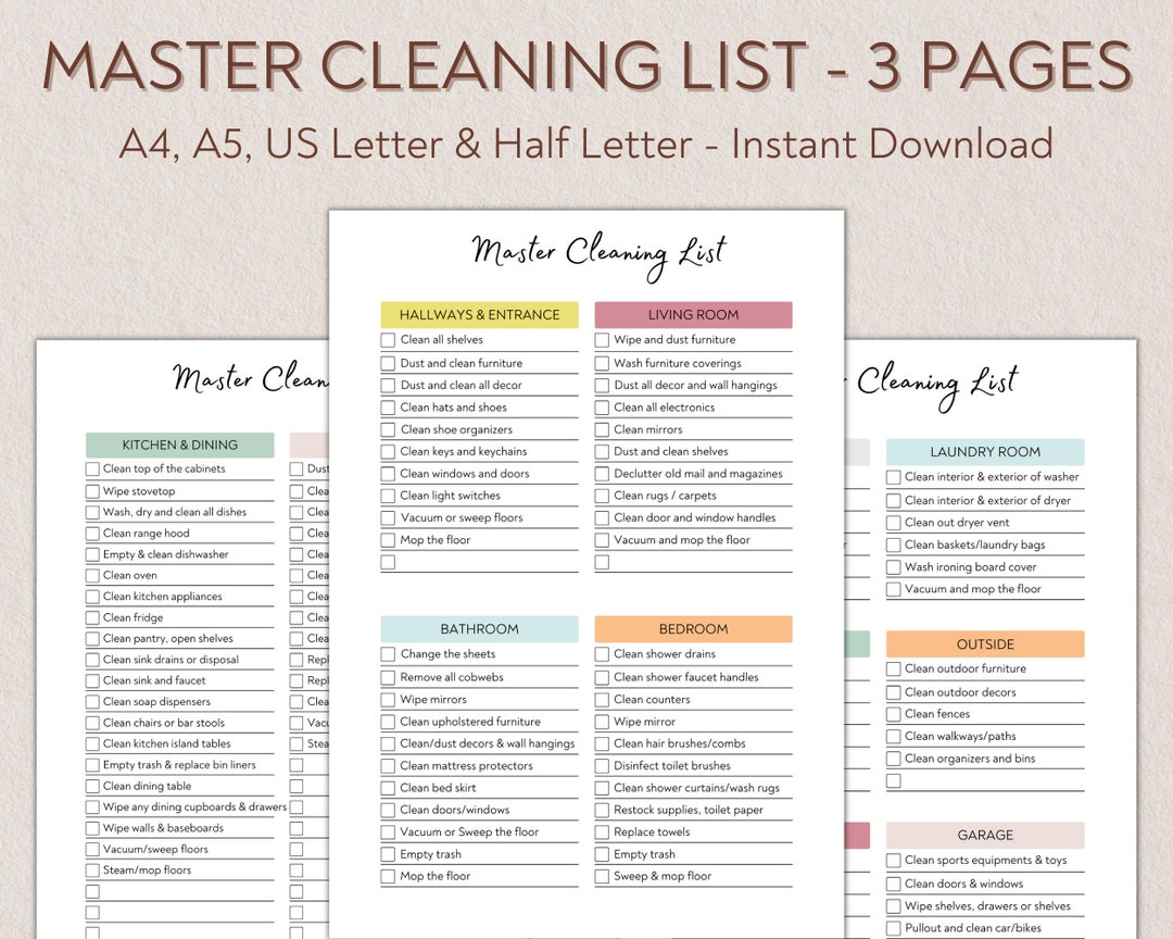 Editable and Printable Master Cleaning Checklist, Cleaning Planner and ...