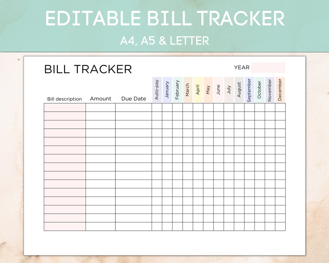 Editable Bill Tracker, Bill Tracker Printable, Monthly Bill Tracker ...