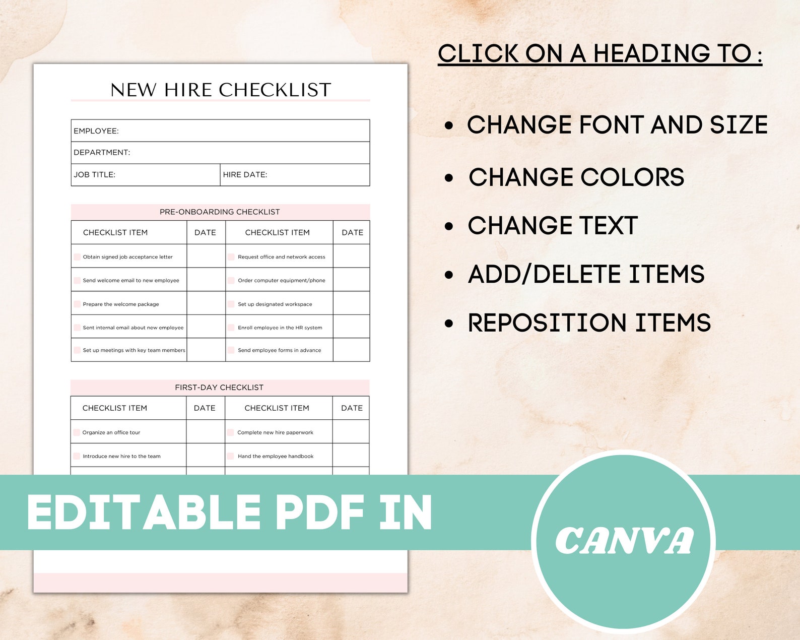 New Hire Checklist Printable, Editable Employee Onboarding Template, HR ...