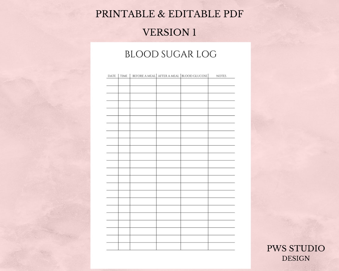 Printable Blood Sugar Log, Blood Glucose Journal, Diabetic Log, Blood ...