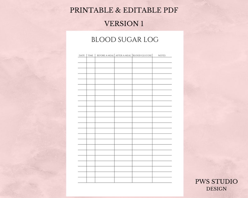 Printable Blood Sugar Log, Blood Glucose Journal, Diabetic Log, Blood ...