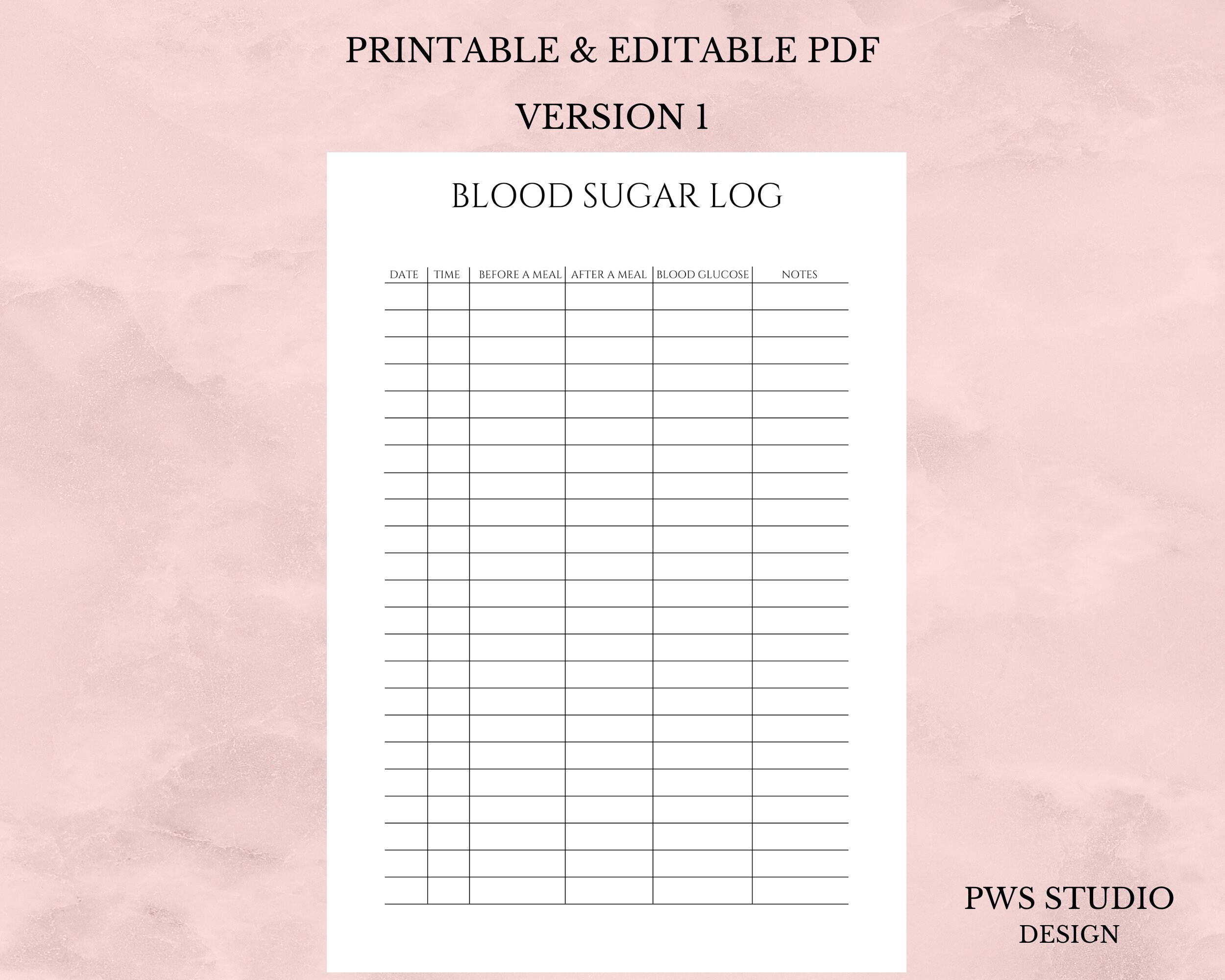Printable Blood Sugar Log, Blood Glucose Journal, Diabetic Log, Blood ...