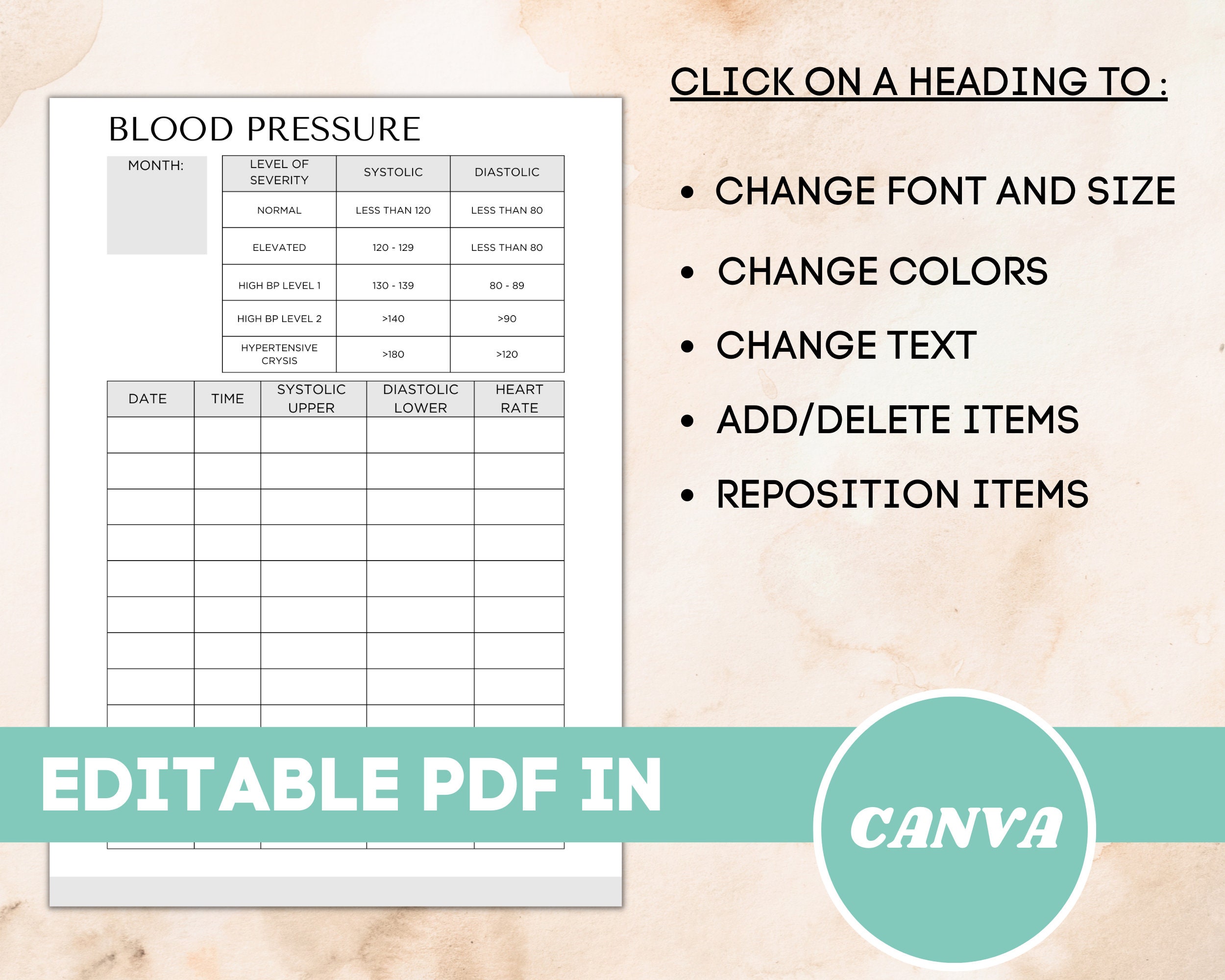 Blood Pressure Log Printable, Editable Blood Pressure Tracker, Medical ...