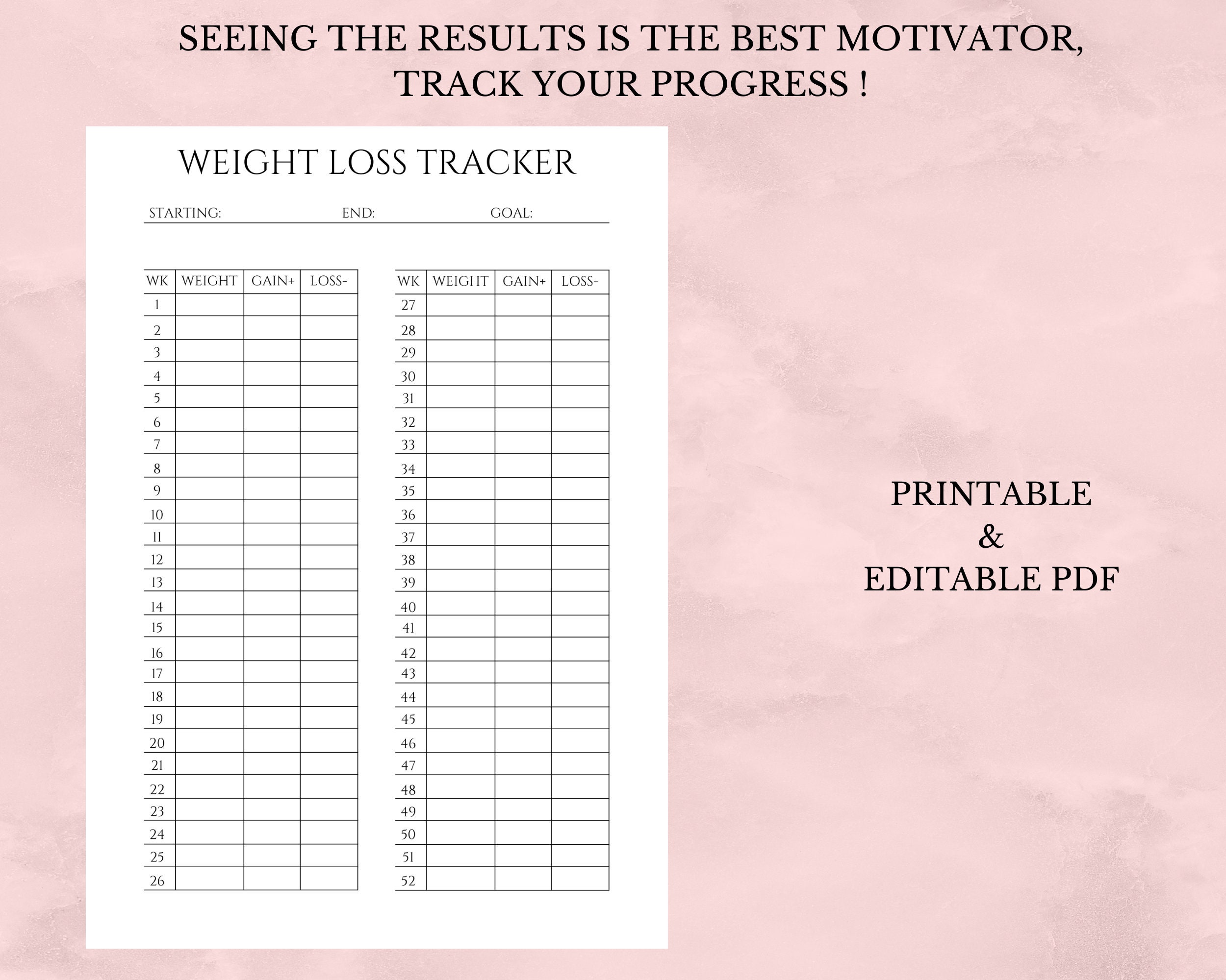 Weight Loss Tracker Printable and Editable, Digital Fitness Journal ...