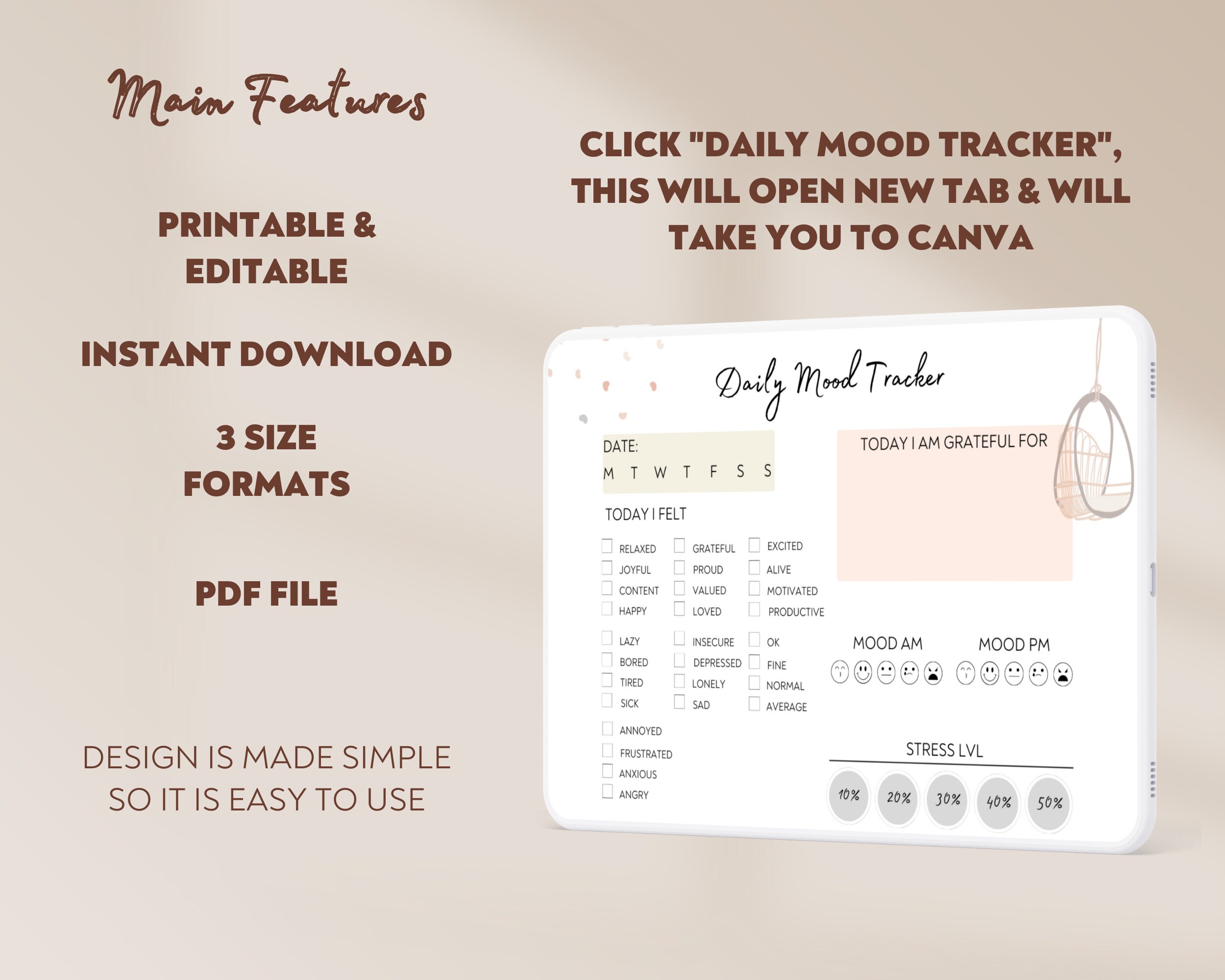 Daily Mood Tracker, Printable Mood Track, Emotion Tracker, Mood Journal ...