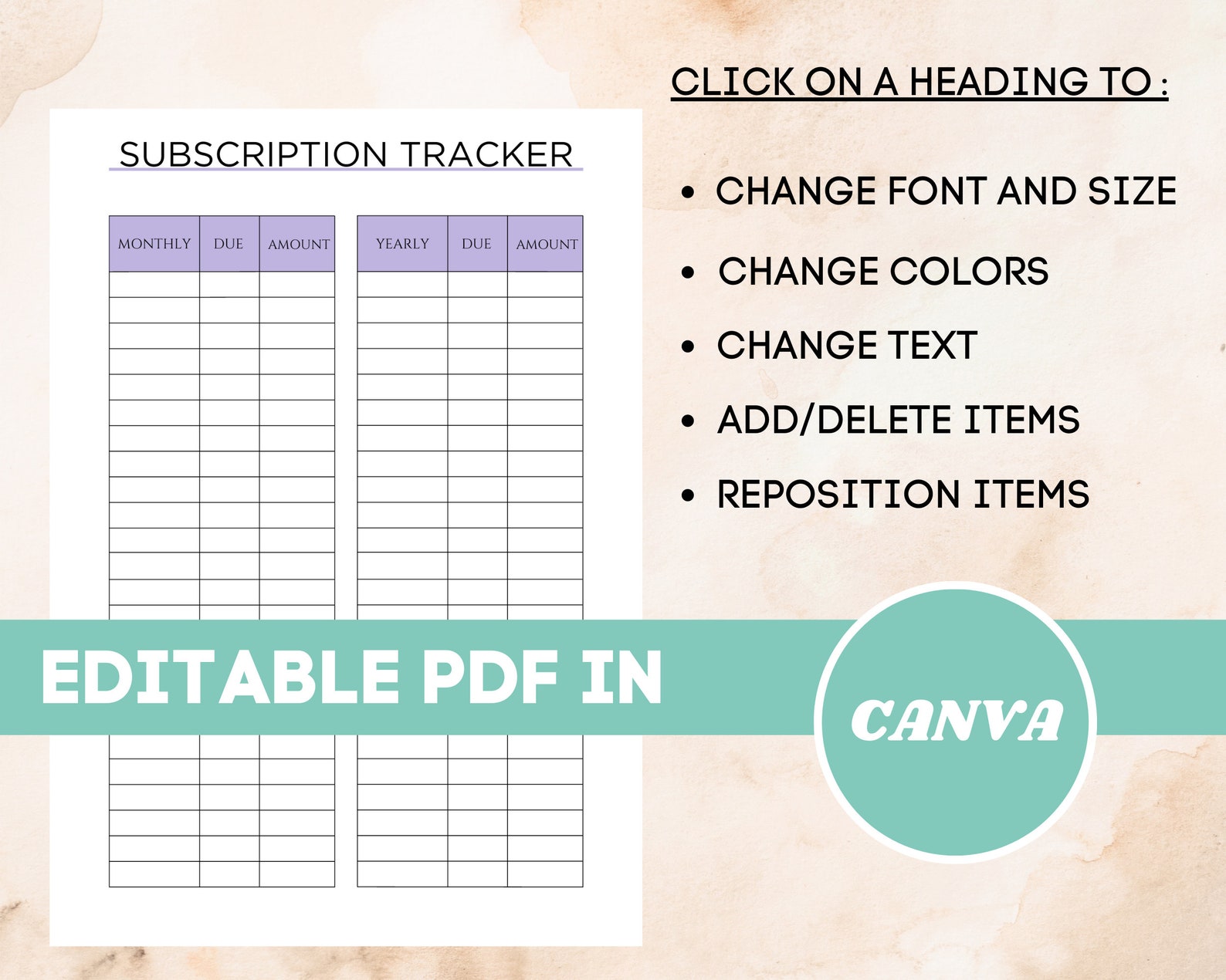 Editable and Printable Subscription Tracker, Subscription Log ...