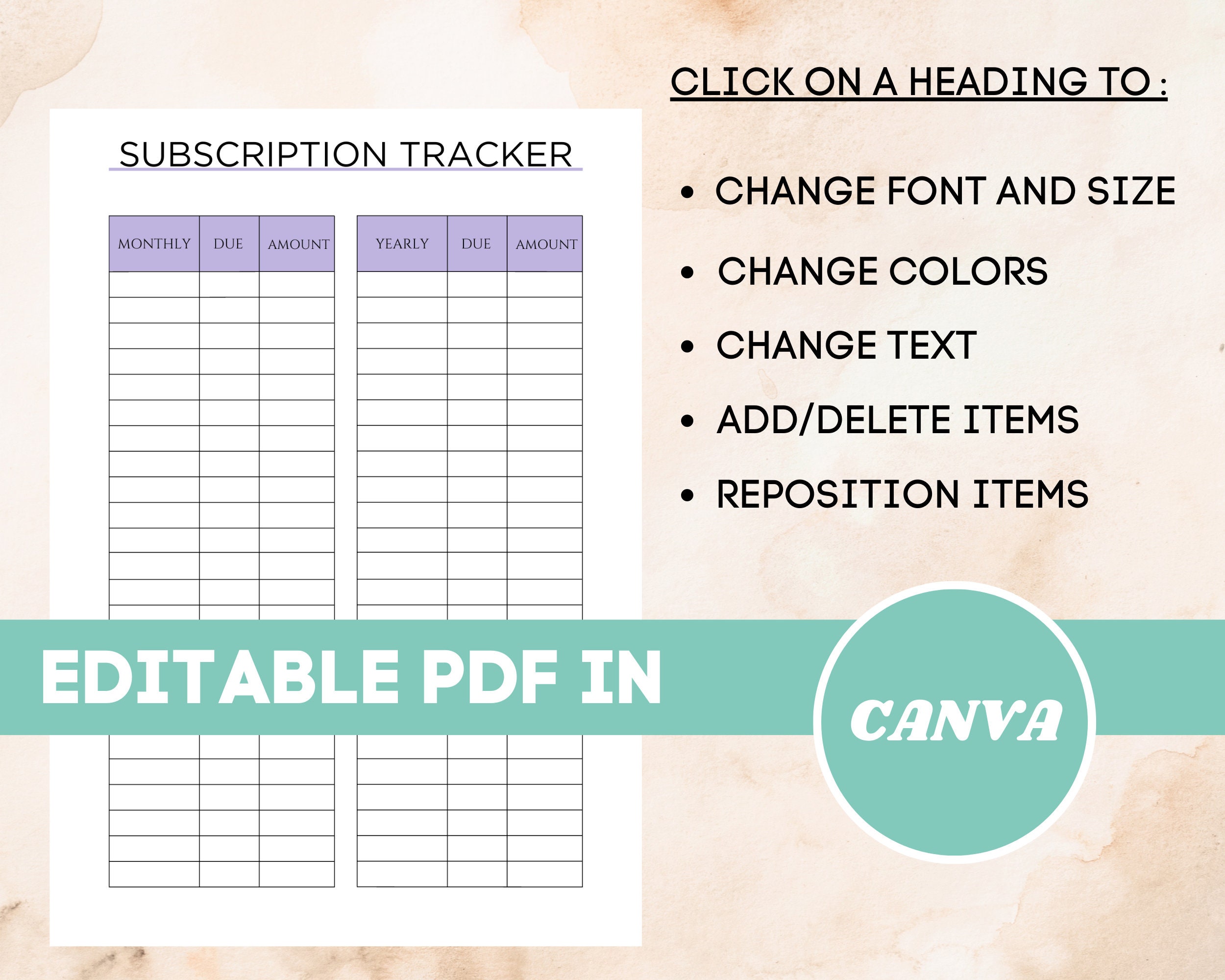 Editable and Printable Subscription Tracker, Subscription Log ...