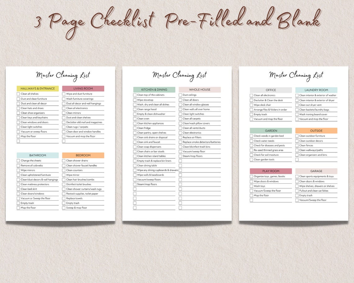 Editable and Printable Master Cleaning Checklist, Cleaning Planner and ...