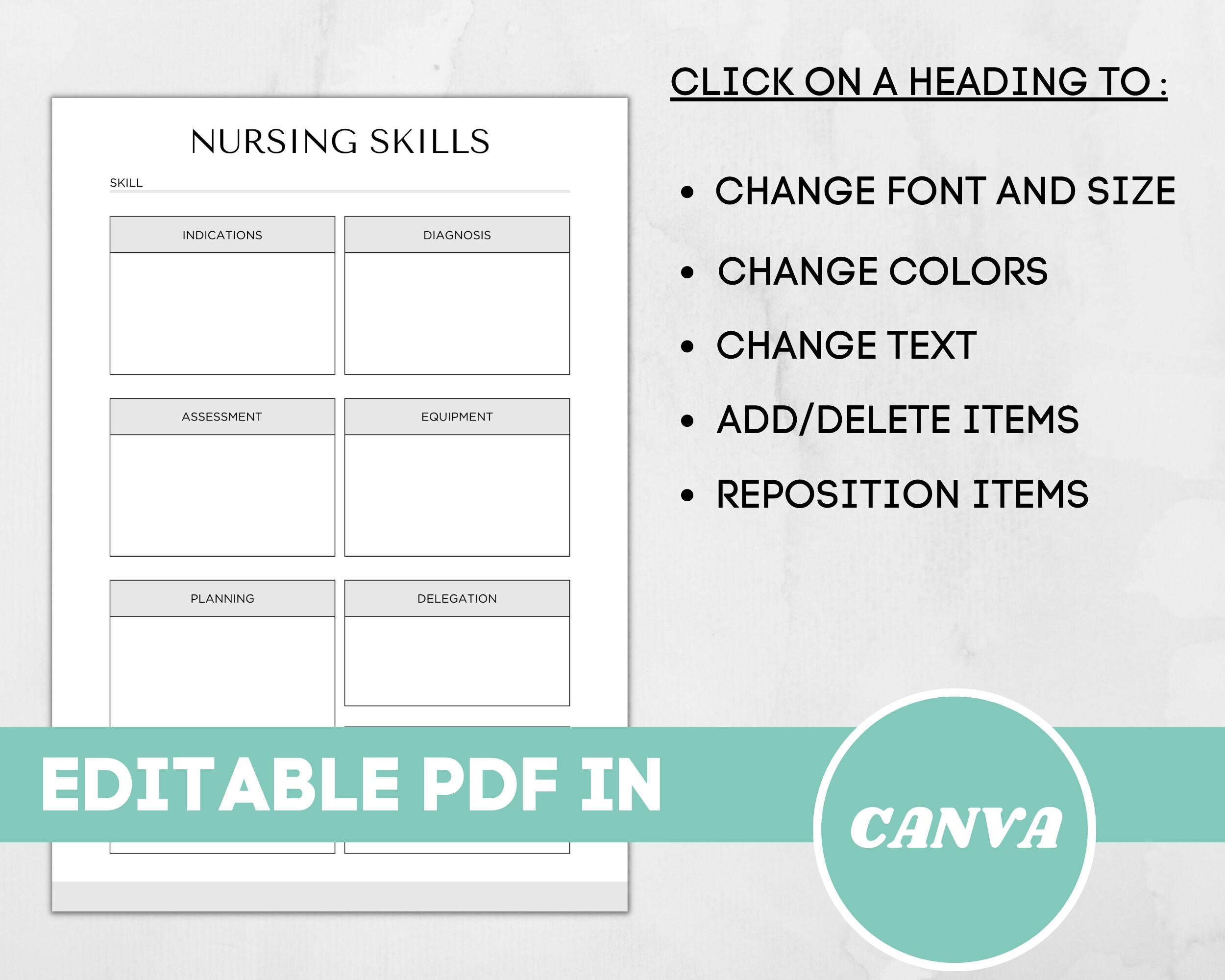 Printable Nursing Skills Template, Nursing Student Notes, Nursing ...