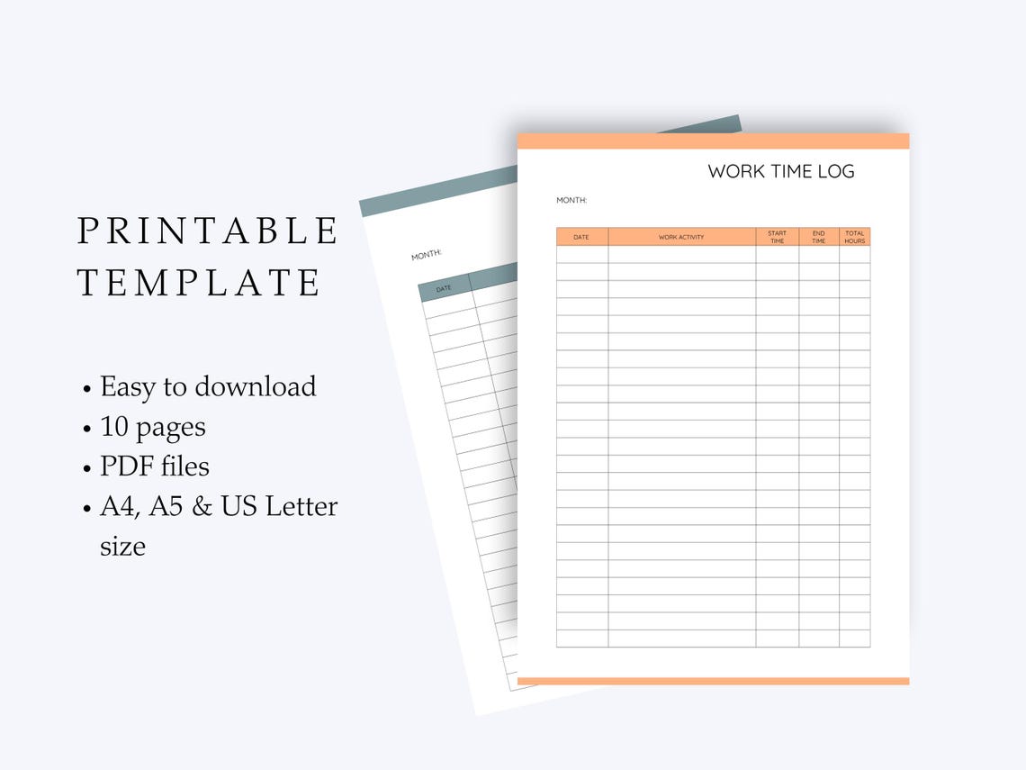 Printable Work Time Log, Activity Tracker, Working Hours Log, Time ...