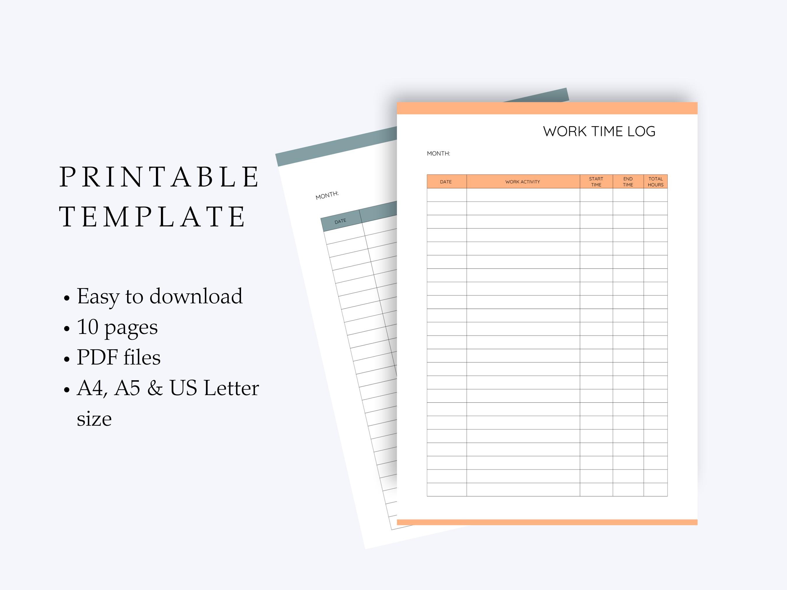 Printable Work Time Log, Activity Tracker, Working Hours Log, Time ...