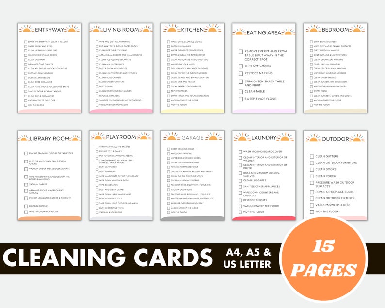 Room by Room Cleaning Cards, Printable Family & Kids Cleaning Checklist ...