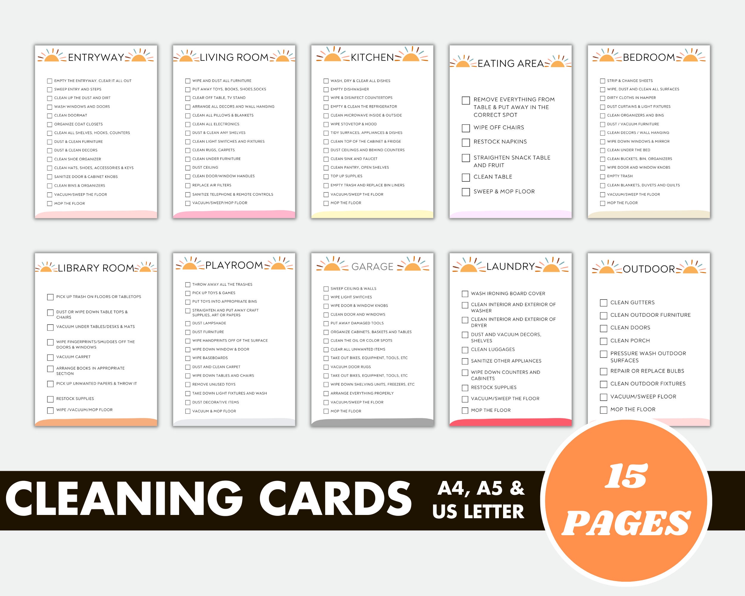 Room by Room Cleaning Cards, Printable Family & Kids Cleaning Checklist ...