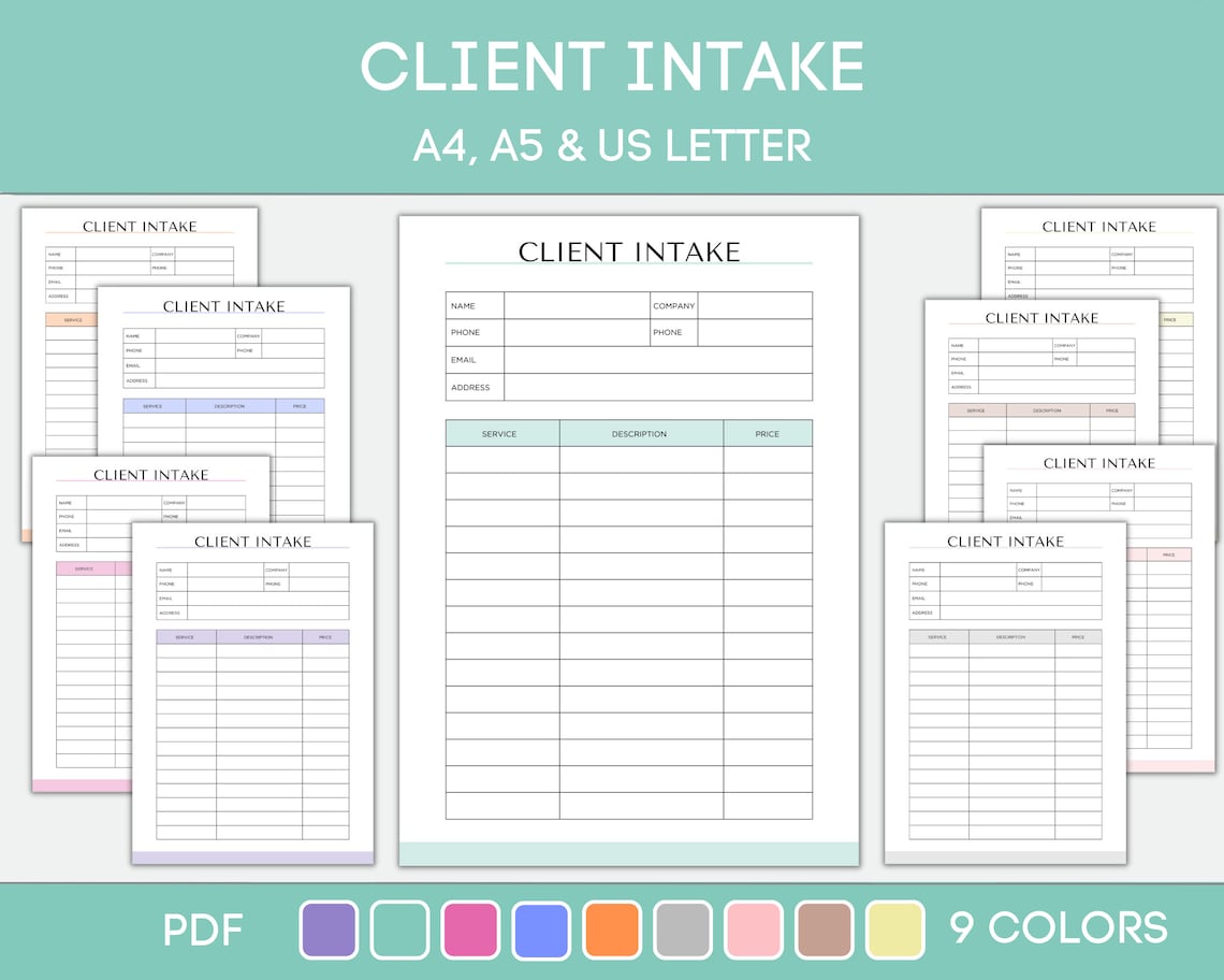 Printable Client Intake Form, Editable Client Service List, Client ...