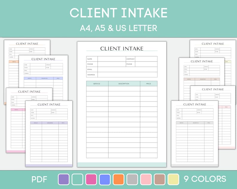 Printable Client Intake Form, Editable Client Service List, Client ...