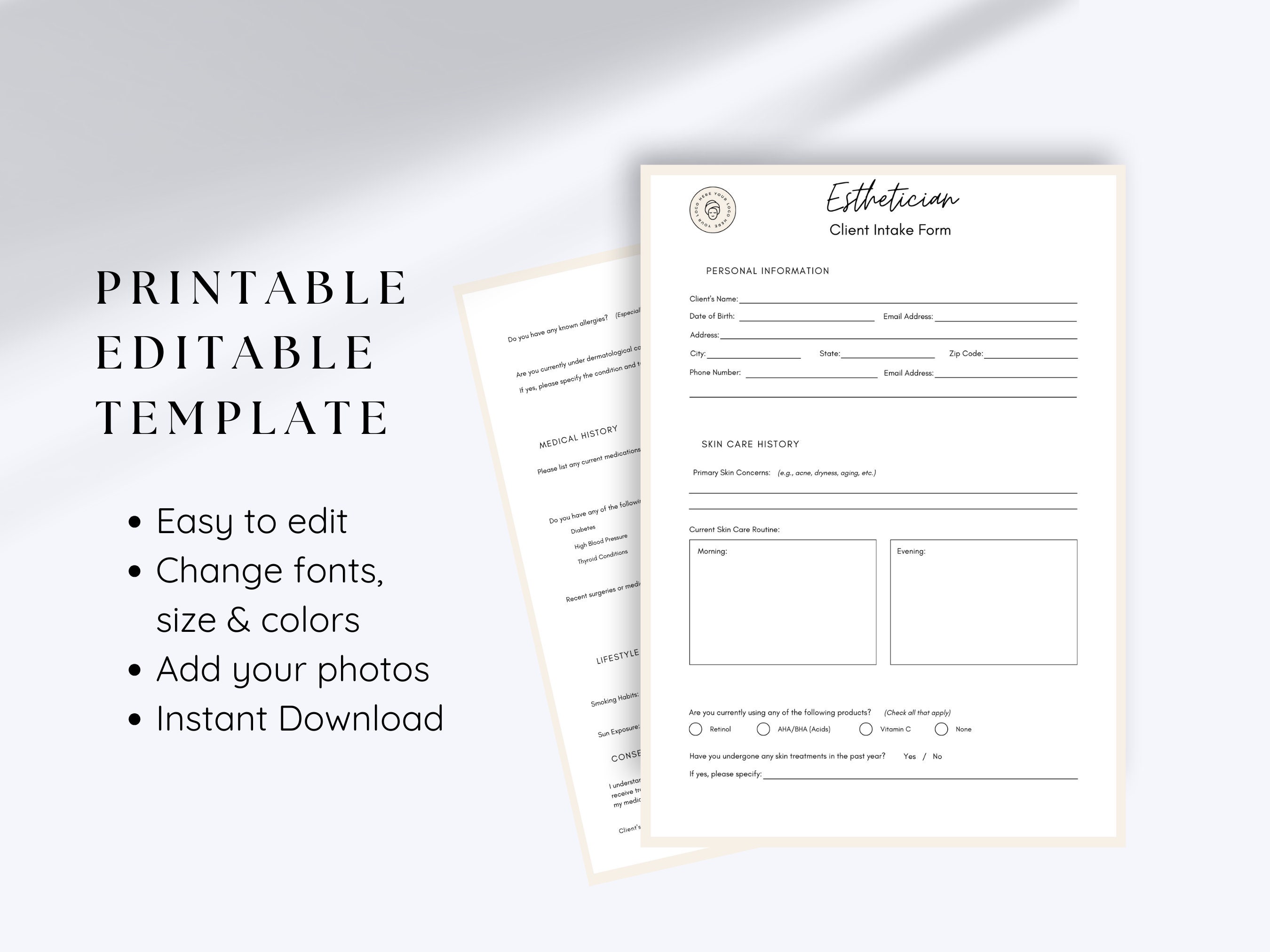 Esthetician Client Intake Form Beauty Salon Business Form Client Intake ...