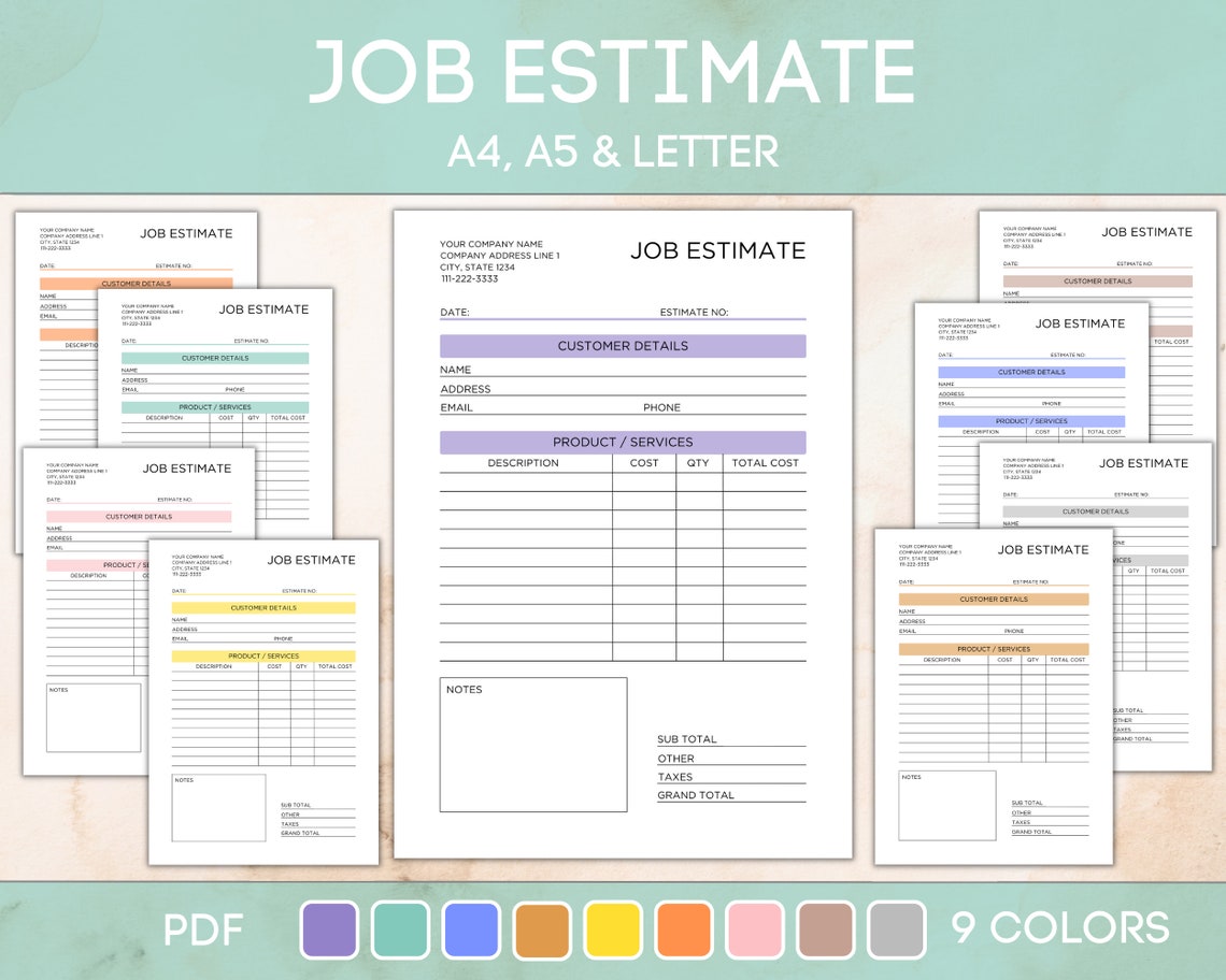 Printable Job Estimate Form, Business Job Estimate, Simple Job Estimate ...