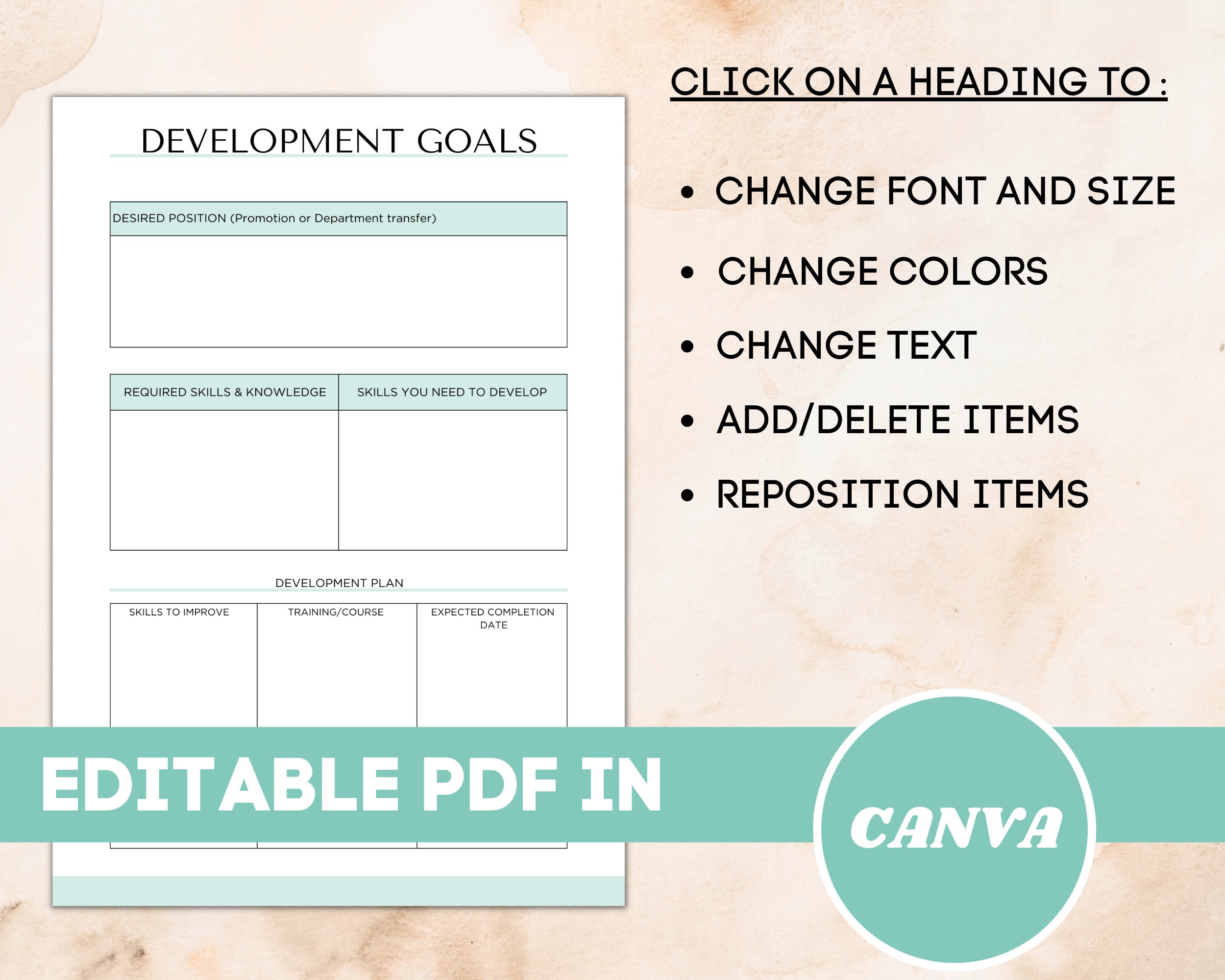Development Goals Template, Printable, Editable Career Growth Sheet ...