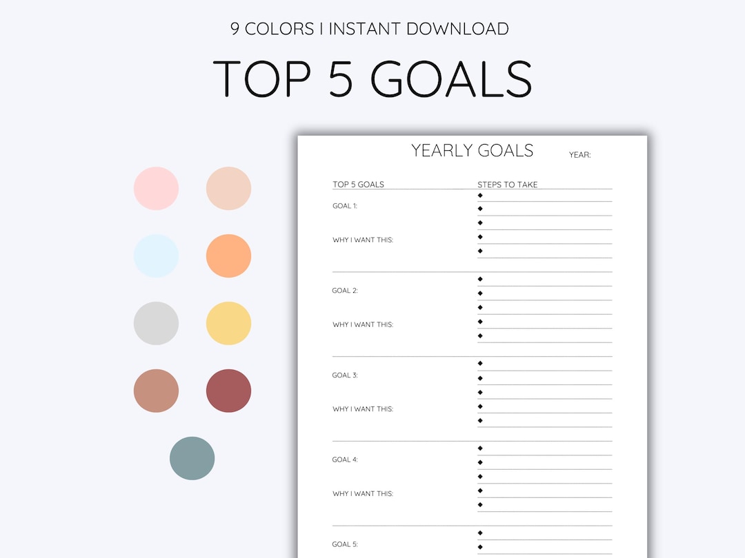 Top 5 Goals Sheet, Printable Goal Tracker and Planner, Success Planning ...