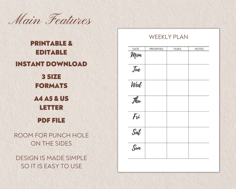 Weekly Planner Printable and Editable, 7 Day Work Template, Monday to ...