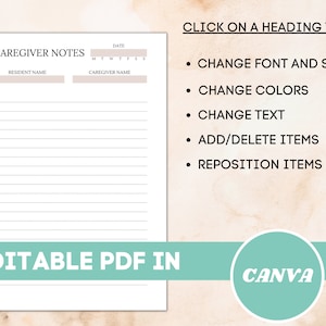 Editable and Printable Caregiver Notes, Caregiver Sheet, Notes for ...