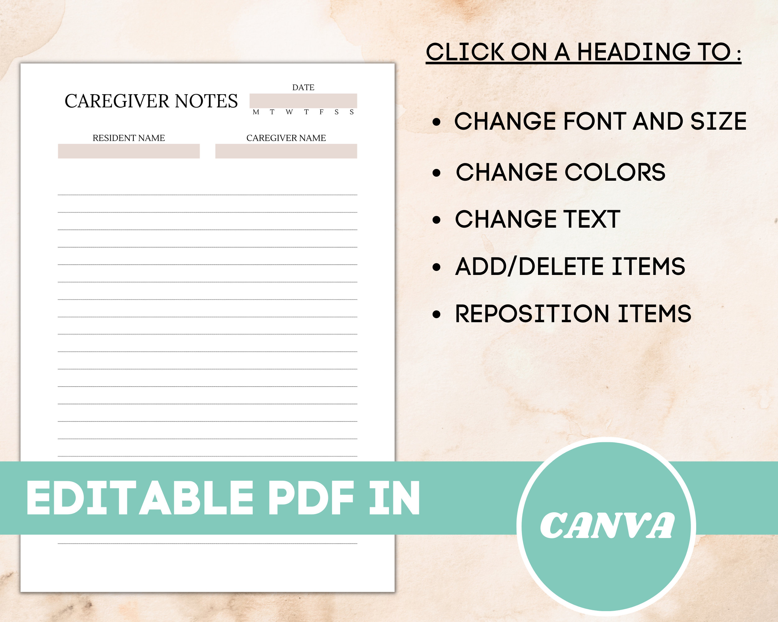 Editable and Printable Caregiver Notes, Caregiver Sheet, Notes for ...