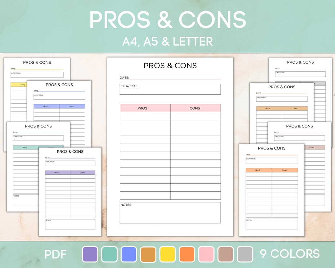 Pros and Cons List Printable Editable Print at Home Planner Life ...