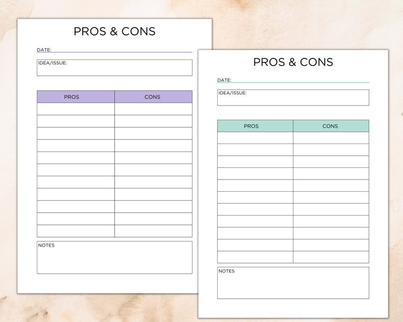 Printable Pros and Cons List Instant Download Print at Home - Etsy