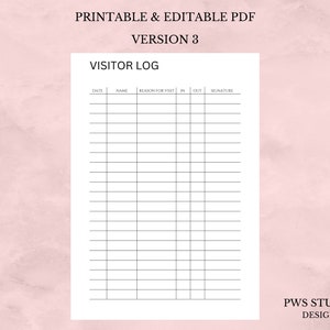 Printable Visitor Log Visitor Sign in / Sign Out Sheet - Etsy