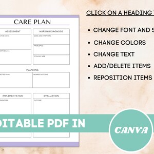 Editable and Printable Nursing Care Plan, Nursing Student Care Plan Template, Nurse Care Plan ...
