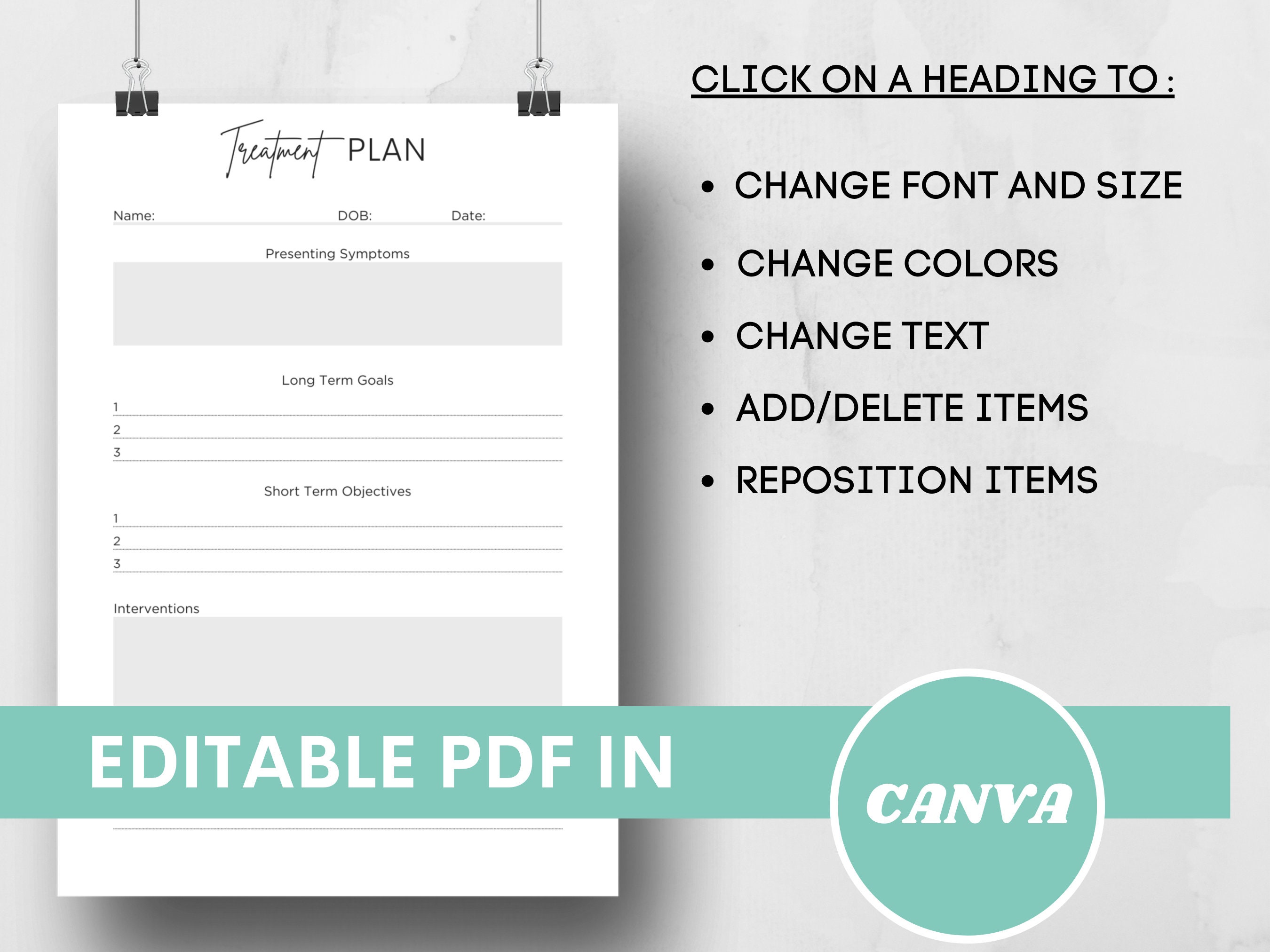 Printable Treatment Plan for Therapists, Editable Therapist Form ...