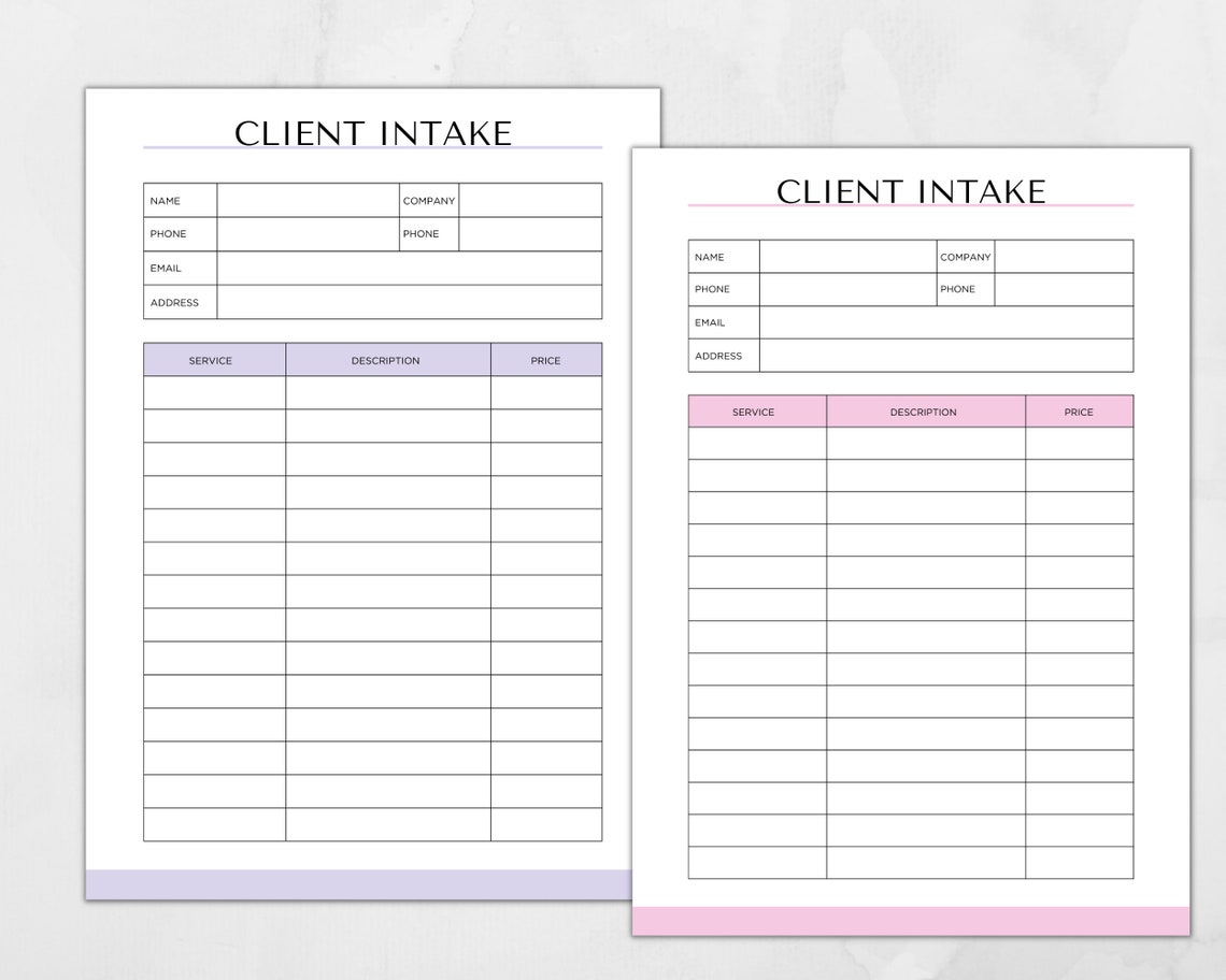 Printable Client Intake Form, Editable Client Service List, Client ...