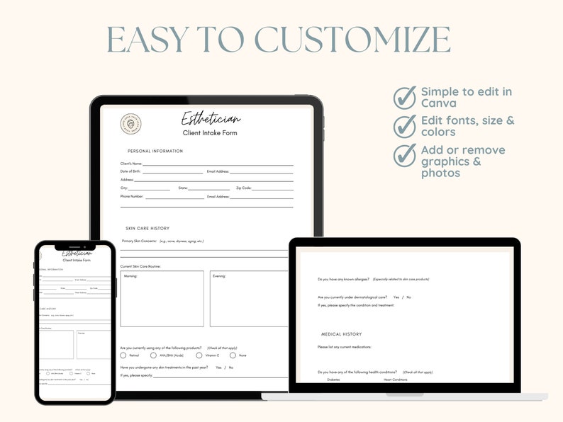 Esthetician Client Intake Form Beauty Salon Business Form Client Intake ...