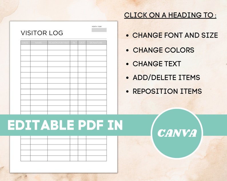 Printable Visitor Log, Visitor Sign in / Sign Out Sheet, Visitor ...