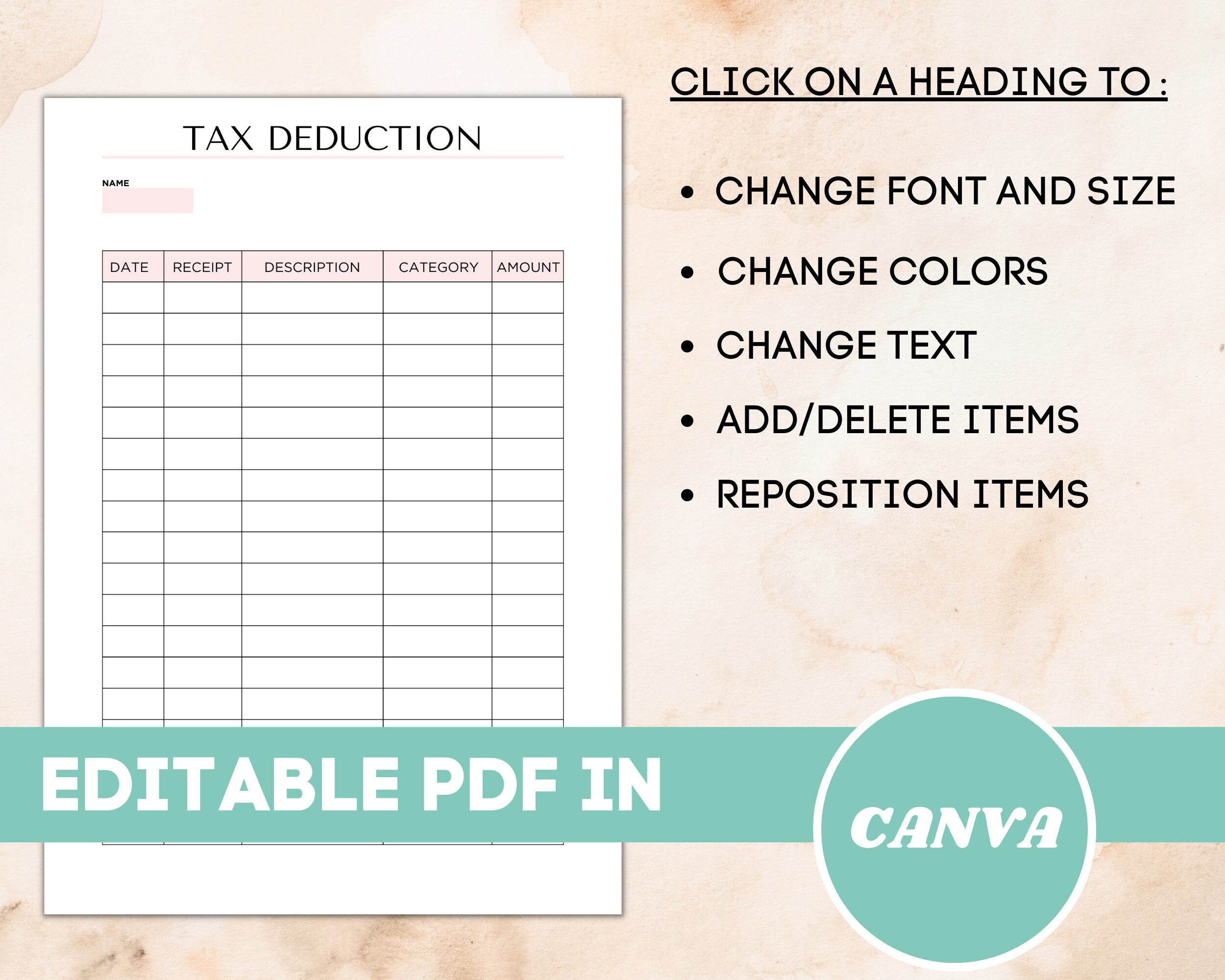 Tax Deduction Tracker, Prinatble Editable, PDF Instant Download - Etsy