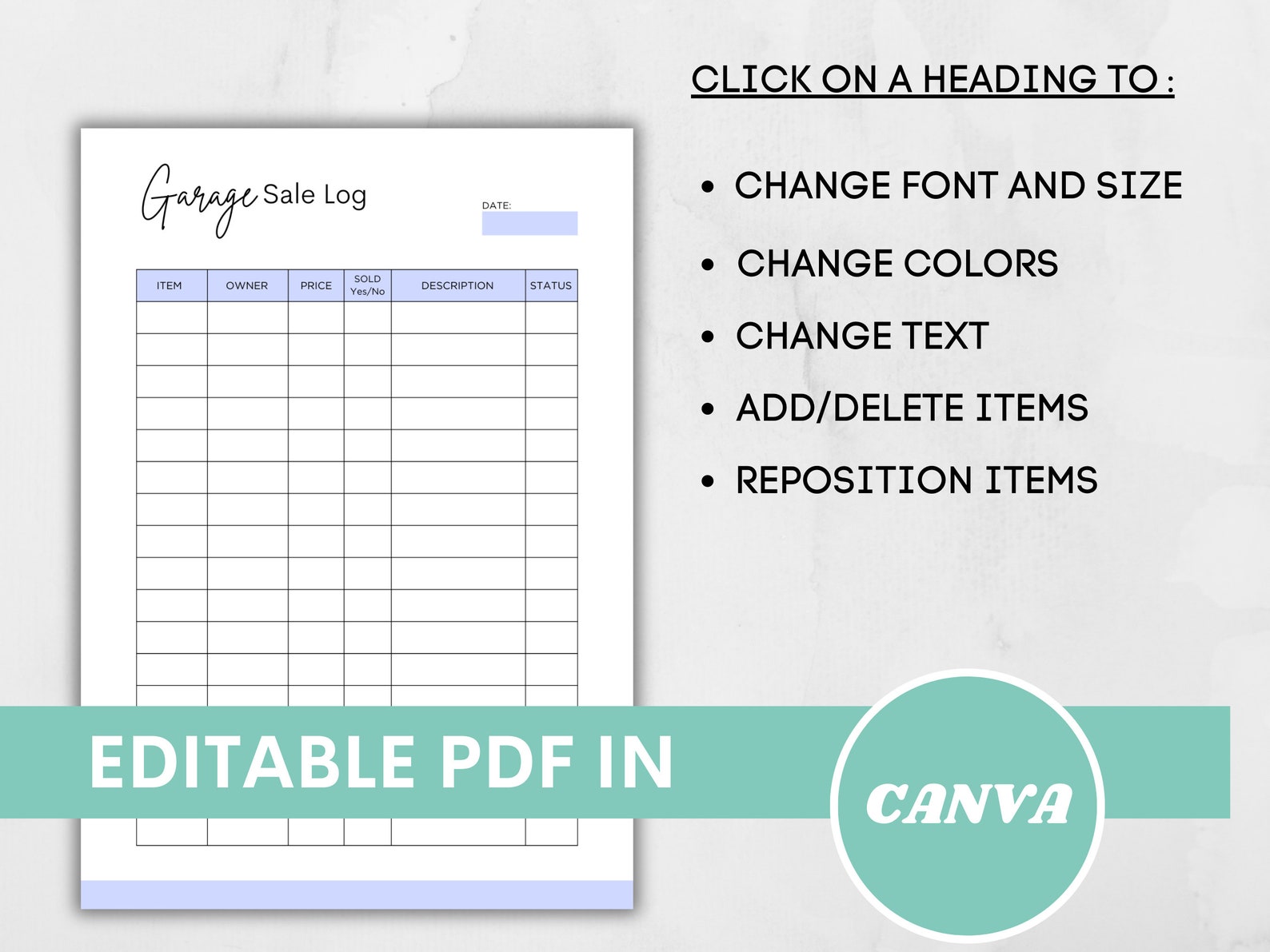 Printable Garage Sale Log, Editable Yard Sale Template, Garage Sale ...