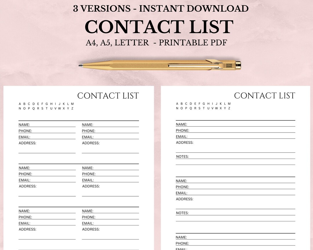 Contacts List Printable and Editable, Address Book, Contact Organizer ...