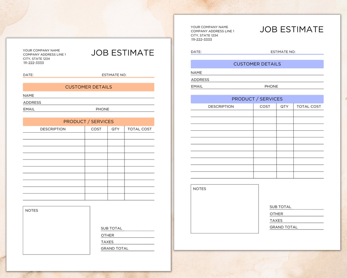 Printable Job Estimate Form, Business Job Estimate, Simple Job Estimate ...