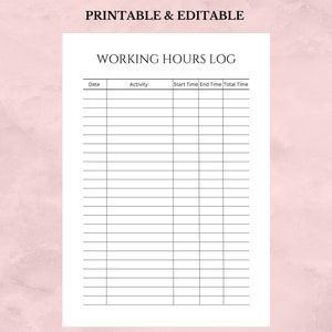Printable and Editable Work Log, Task Working Hours Activity Tracker ...