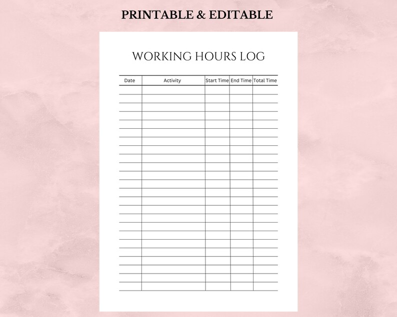 Printable and Editable Work Log, Task Working Hours Activity Tracker ...