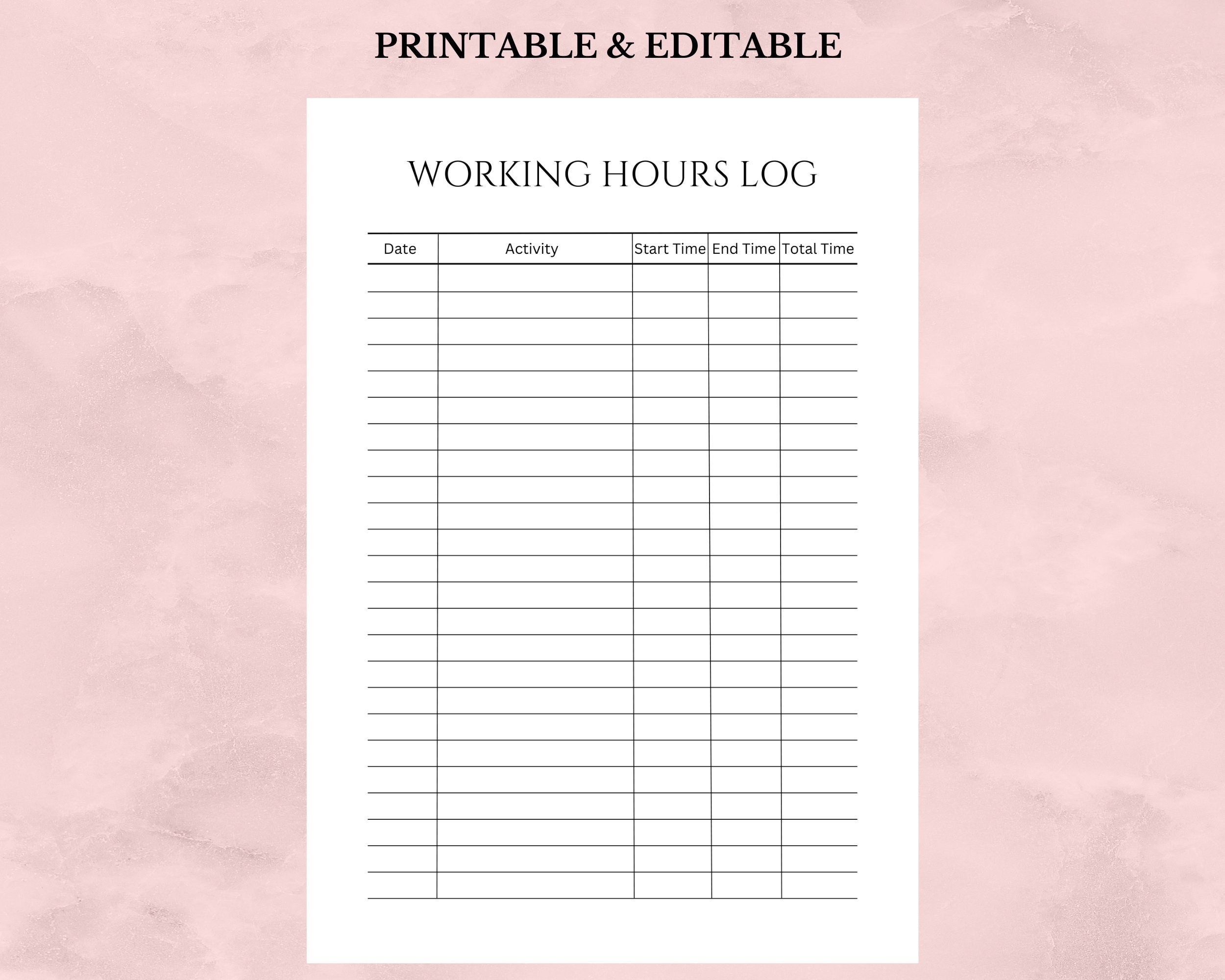 Printable and Editable Work Log, Task Working Hours Activity Tracker ...