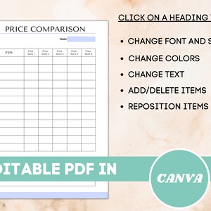 Price Comparison Template, Grocery Price Comparison Sheet, Price Book ...