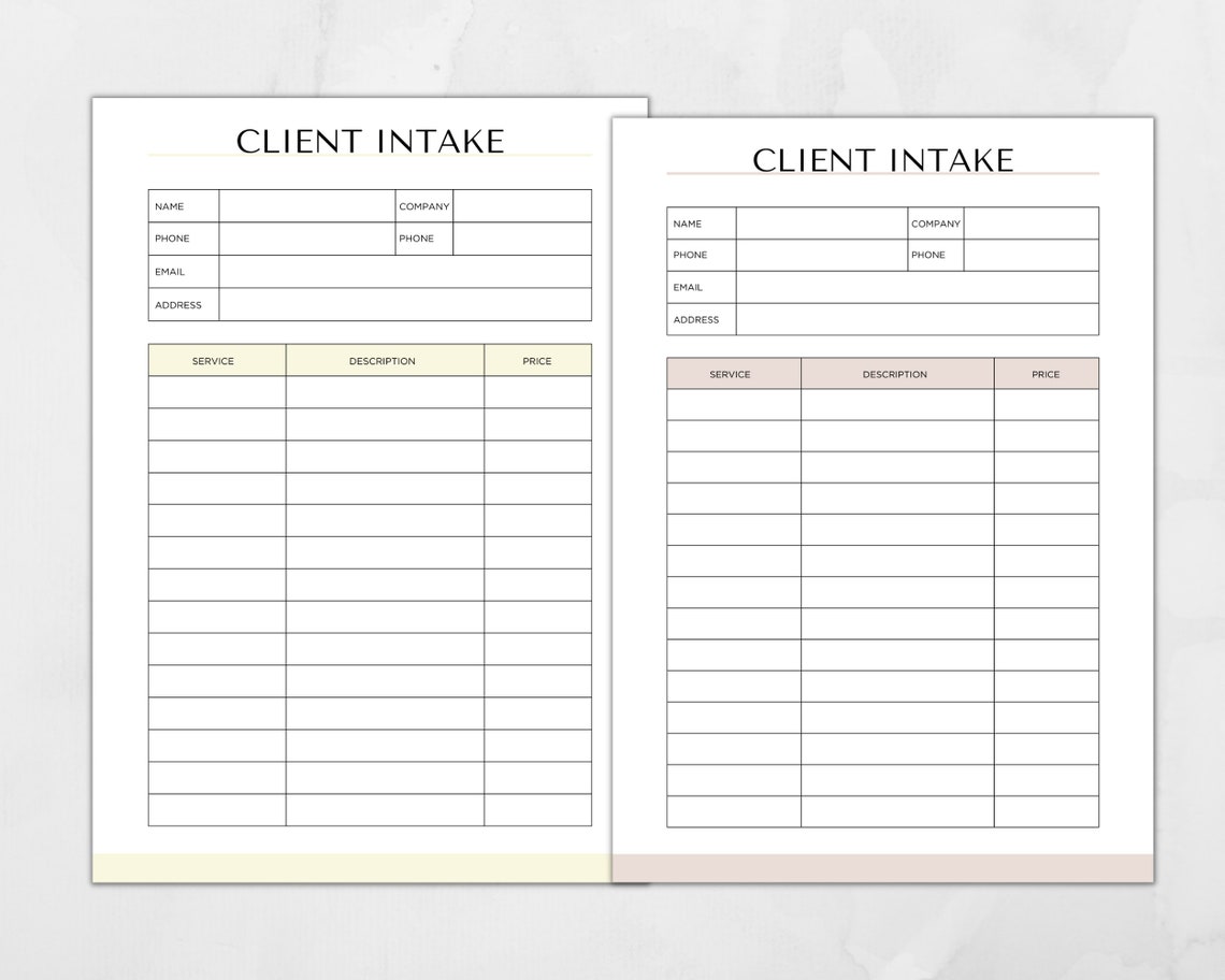 Printable Client Intake Form, Editable Client Service List, Client ...