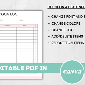Printable Yoga Log, Editable Yoga Journal, Fitness Planner, Yoga ...