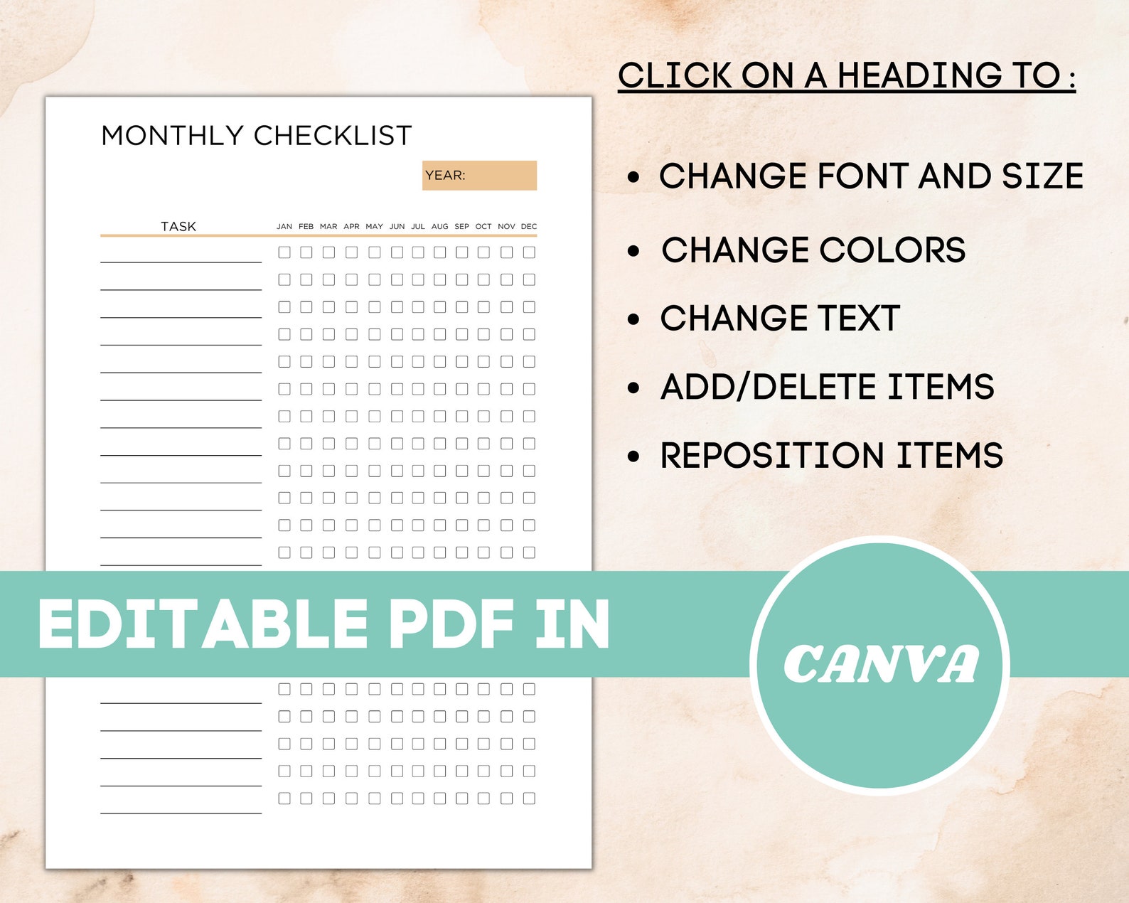 Printable and Editable Monthly Checklist, Month to Do List, Chore List ...