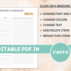 Printable and Editable Monthly Checklist, Month to Do List, Chore List ...