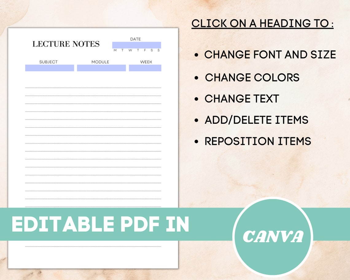 Editable and Printable Lecture Notes, Lecture Note Templates, Student ...